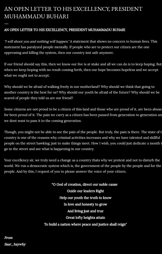AN OPEN LETTER TO HIS EXCELLENCY, PRESIDENT MUHAMMADU BUHARI | Open Letter AN OPEN LETTER TO HIS EXCELLENCY, PRESIDENT MUHAMMADU BUHARI | Open Letter